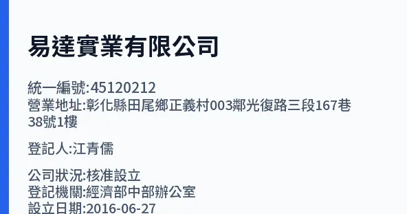 易達實業有限公司的照片-統編 45120212(彰化縣) 公司登記資料與營業項目詳細圖表
