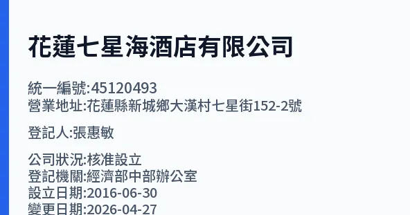 花蓮七星海酒店有限公司的照片-統編 45120493(花蓮縣) 公司登記資料與營業項目詳細圖表