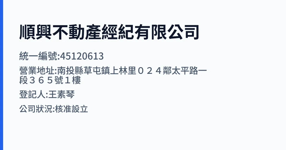 順興不動產經紀有限公司 - 統編 45120613(南投縣) 公司登記資料與營業項目詳細圖表