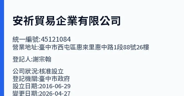 安祈貿易企業有限公司的照片-統編 45121084(臺中市) 公司登記資料與營業項目詳細圖表