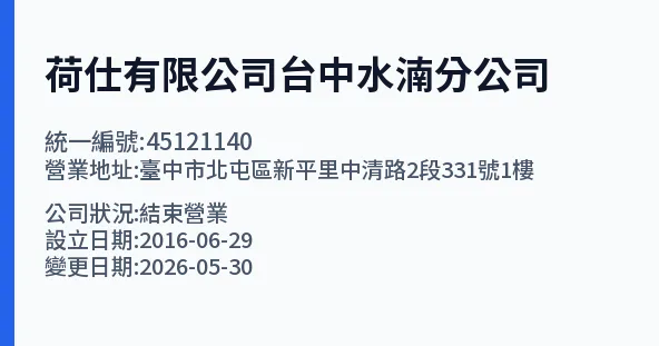 荷仕有限公司台中水湳分公司的照片-統編 45121140(臺中市) 公司登記資料與營業項目詳細圖表