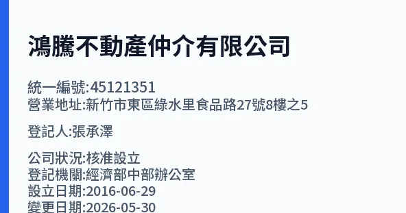 鴻騰不動產仲介有限公司的照片-統編 45121351(新竹市) 公司登記資料與營業項目詳細圖表