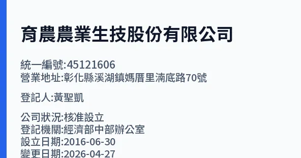 育農農業生技股份有限公司的照片-統編 45121606(彰化縣) 公司登記資料與營業項目詳細圖表