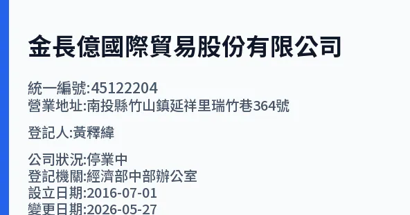 金長億國際貿易股份有限公司的照片-統編 45122204(南投縣) 公司登記資料與營業項目詳細圖表