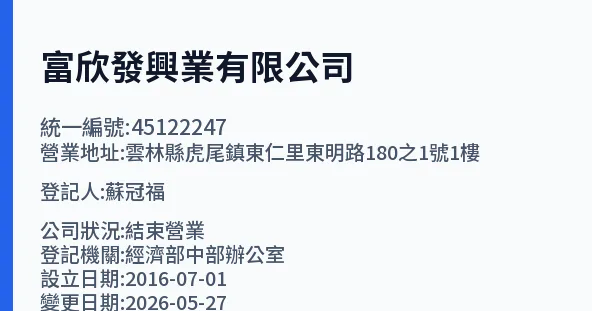 富欣發興業有限公司的照片-統編 45122247(雲林縣) 公司登記資料與營業項目詳細圖表