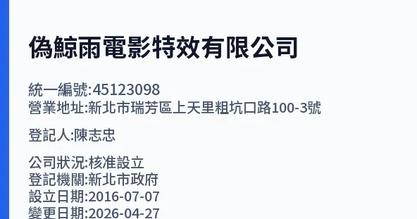偽鯨雨電影特效有限公司的照片-統編 45123098(新北市) 公司登記資料與營業項目詳細圖表
