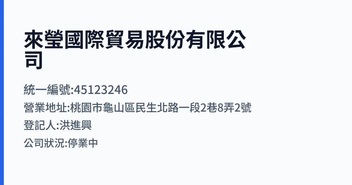 來瑩國際貿易股份有限公司 - 統編 45123246(桃園市) 公司登記資料與營業項目詳細圖表