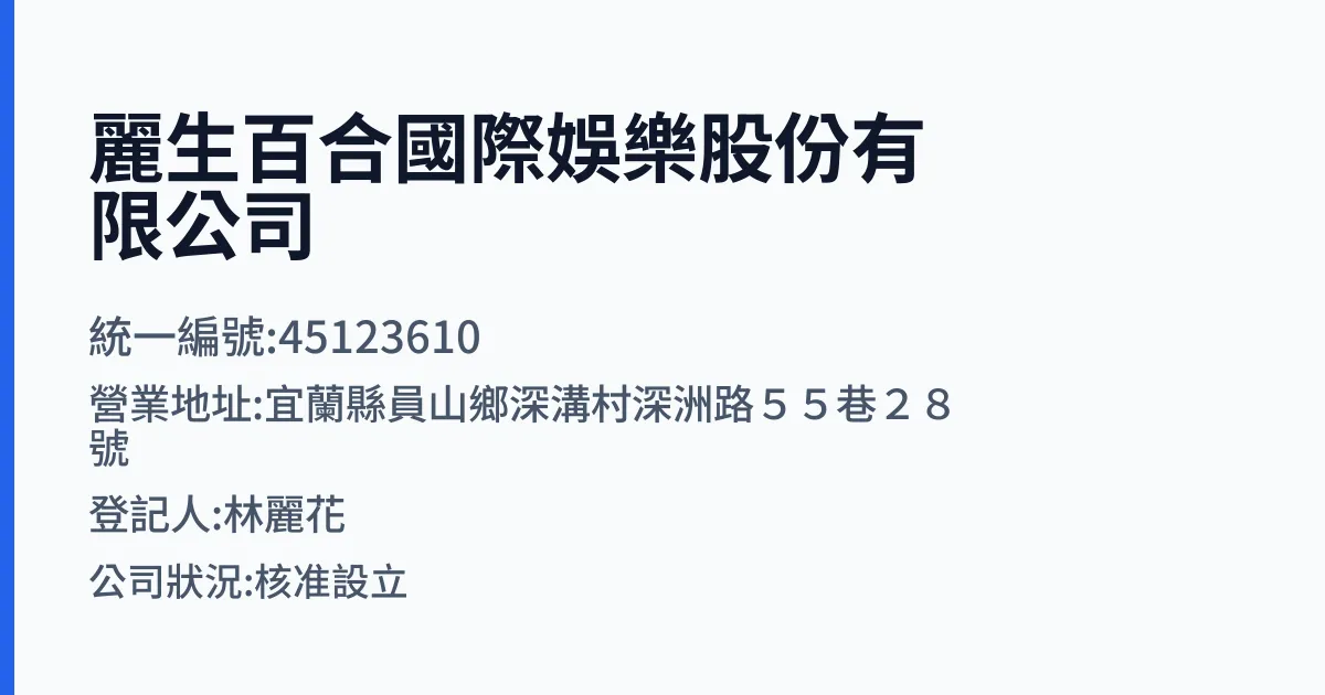 麗生百合國際娛樂股份有限公司 - 統編 45123610(宜蘭縣) 公司登記資料與營業項目詳細圖表