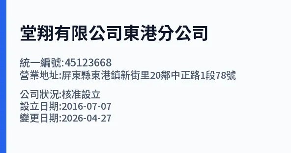 堂翔有限公司東港分公司的照片-統編 45123668(屏東縣) 公司登記資料與營業項目詳細圖表