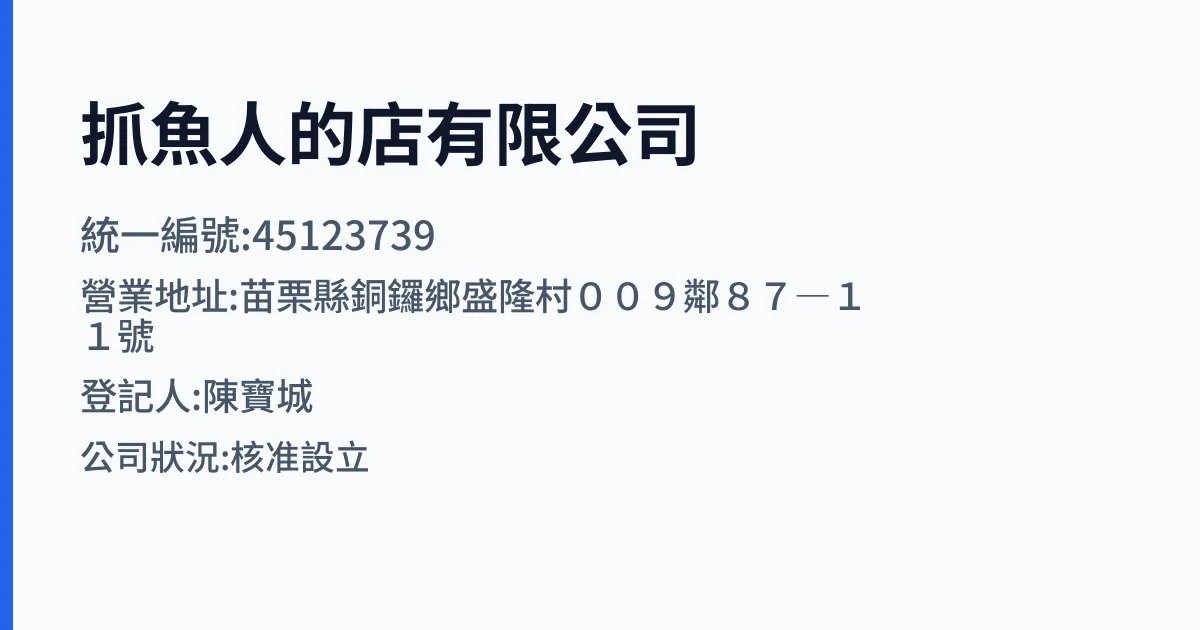 抓魚人的店有限公司 - 統編 45123739(苗栗縣) 公司登記資料與營業項目詳細圖表