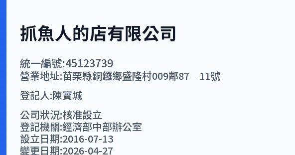 抓魚人的店有限公司的照片-統編 45123739(苗栗縣) 公司登記資料與營業項目詳細圖表