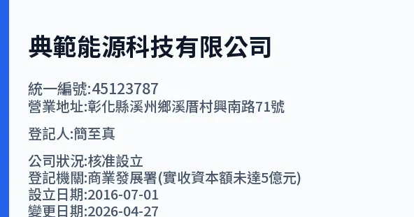 典範能源科技有限公司的照片-統編 45123787(彰化縣) 公司登記資料與營業項目詳細圖表