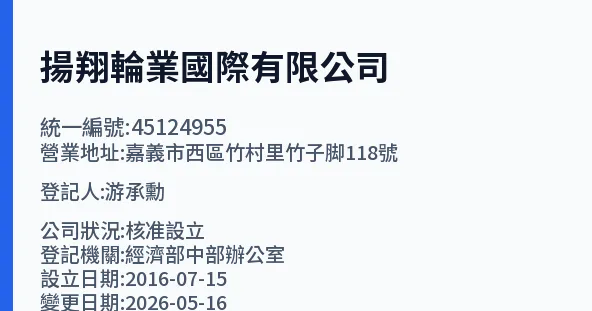 揚翔輪業國際有限公司的照片-統編 45124955(嘉義市) 公司登記資料與營業項目詳細圖表