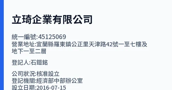 立琦企業有限公司的照片-統編 45125069(宜蘭縣) 公司登記資料與營業項目詳細圖表