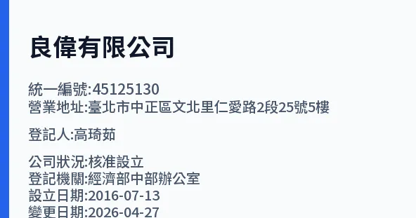 良偉有限公司的照片-統編 45125130(臺北市) 公司登記資料與營業項目詳細圖表