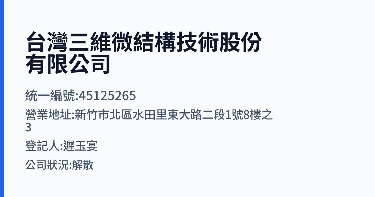 台灣三維微結構技術股份有限公司 - 統編 45125265(新竹市) 公司登記資料與營業項目詳細圖表