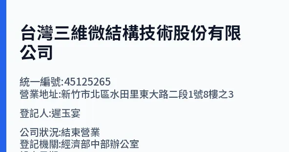 台灣三維微結構技術股份有限公司的照片-統編 45125265(新竹市) 公司登記資料與營業項目詳細圖表