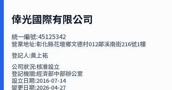 倖光國際有限公司的照片-統編 45125342(彰化縣) 公司登記資料與營業項目詳細圖表