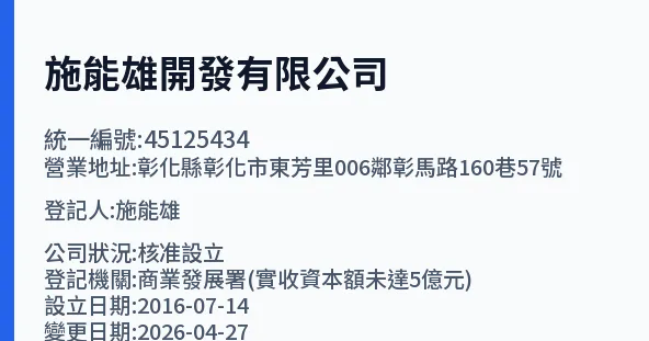 施能雄開發有限公司的照片-統編 45125434(彰化縣) 公司登記資料與營業項目詳細圖表
