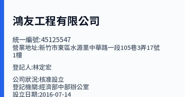 鴻友工程有限公司的照片-統編 45125547(新竹市) 公司登記資料與營業項目詳細圖表