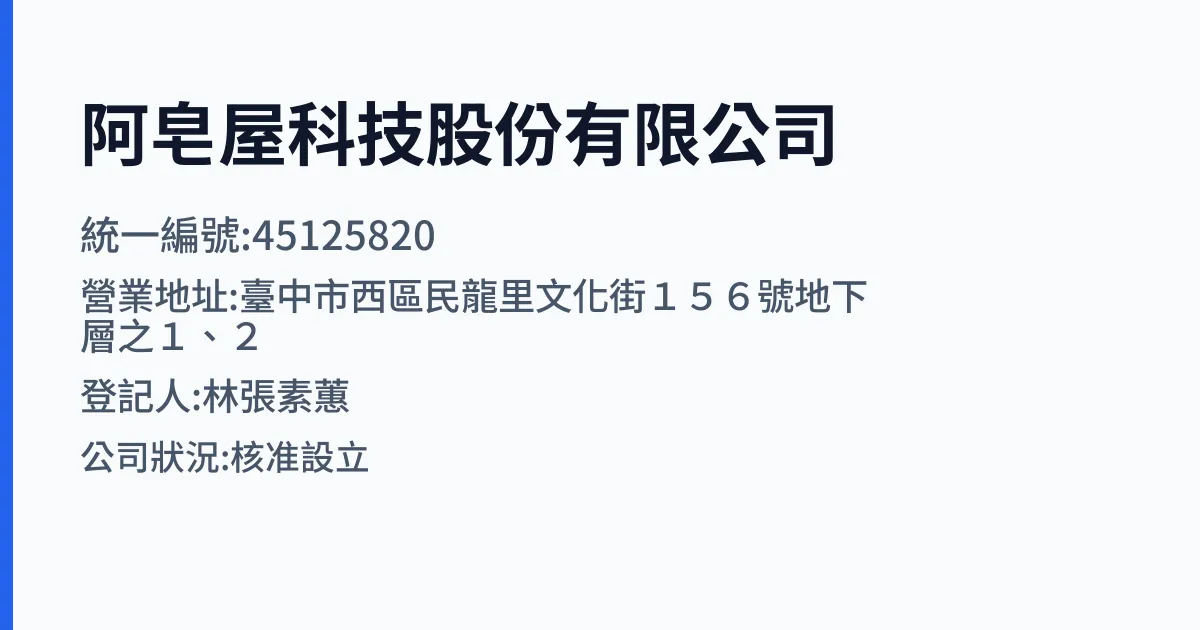 阿皂屋科技股份有限公司 - 統編 45125820(臺中市) 公司登記資料與營業項目詳細圖表