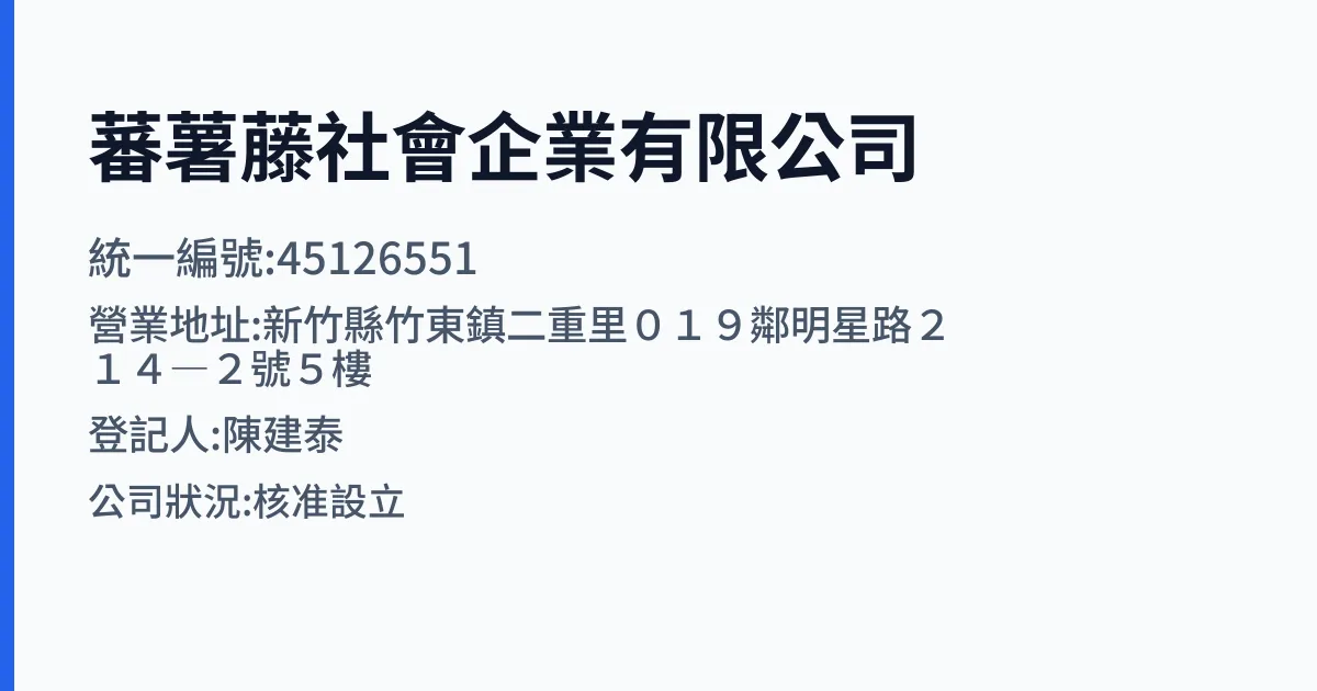 蕃薯藤社會企業有限公司 - 統編 45126551(新竹縣) 公司登記資料與營業項目詳細圖表