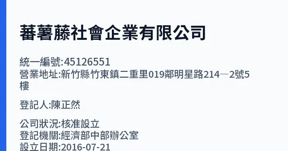 蕃薯藤社會企業有限公司的照片-統編 45126551(新竹縣) 公司登記資料與營業項目詳細圖表