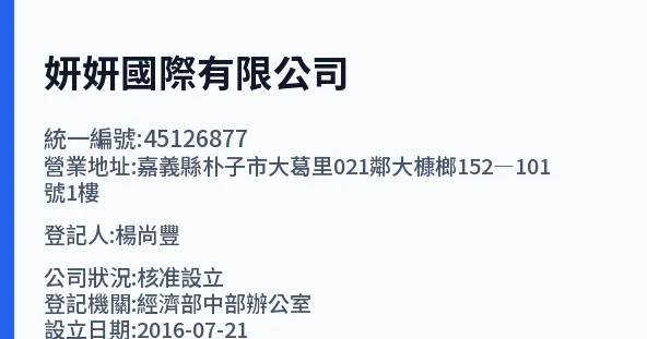 妍妍國際有限公司的照片-統編 45126877(嘉義縣) 公司登記資料與營業項目詳細圖表
