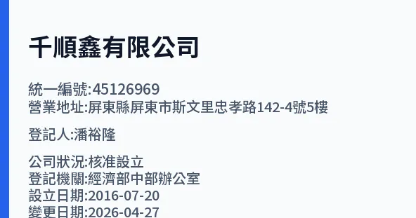 千順鑫有限公司的照片-統編 45126969(屏東縣) 公司登記資料與營業項目詳細圖表