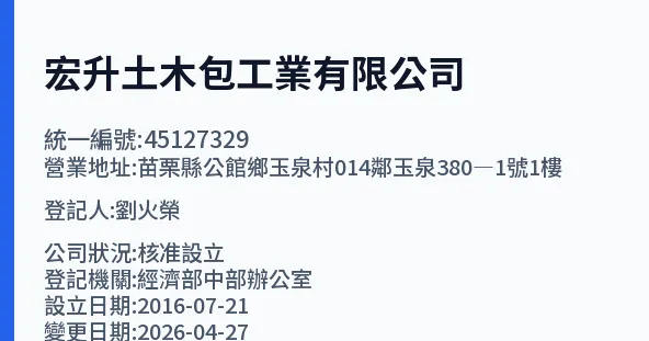 宏升土木包工業有限公司的照片-統編 45127329(苗栗縣) 公司登記資料與營業項目詳細圖表