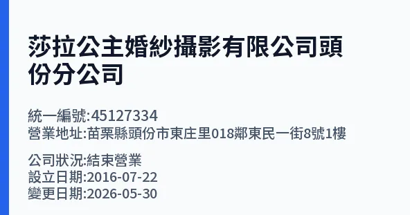 莎拉公主婚紗攝影有限公司頭份分公司的照片-統編 45127334(苗栗縣) 公司登記資料與營業項目詳細圖表