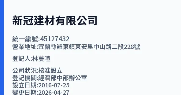 新冠建材有限公司的照片-統編 45127432(宜蘭縣) 公司登記資料與營業項目詳細圖表