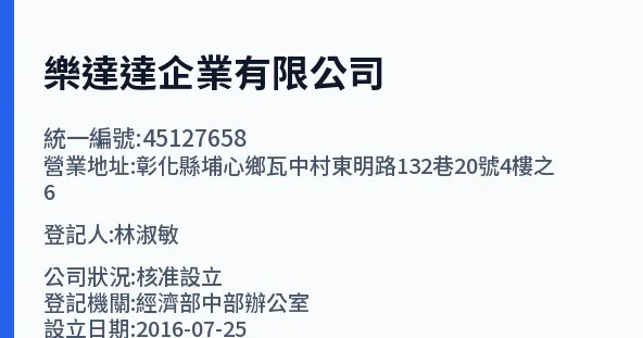 樂達達企業有限公司的照片-統編 45127658(彰化縣) 公司登記資料與營業項目詳細圖表