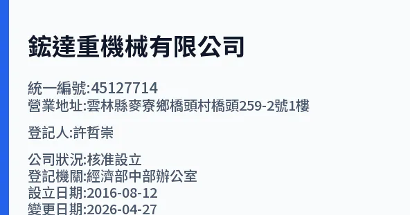 鋐達重機械有限公司的照片-統編 45127714(雲林縣) 公司登記資料與營業項目詳細圖表