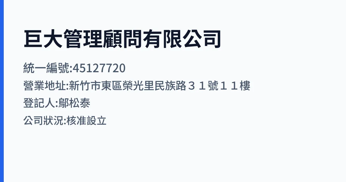 巨大管理顧問有限公司 - 統編 45127720(新竹市) 公司登記資料與營業項目詳細圖表