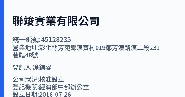 聯竣實業有限公司的照片-統編 45128235(彰化縣) 公司登記資料與營業項目詳細圖表