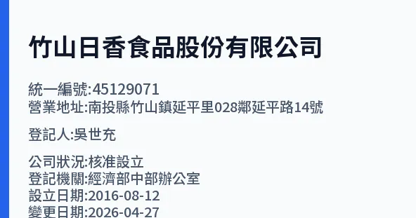 竹山日香食品股份有限公司的照片-統編 45129071(南投縣) 公司登記資料與營業項目詳細圖表