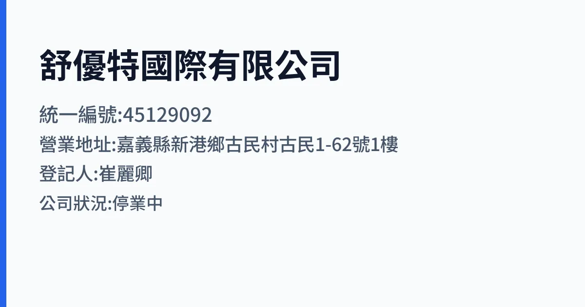 舒優特國際有限公司 - 統編 45129092 (嘉義縣) 公司登記資料與營業項目詳細圖表