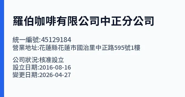 羅伯咖啡有限公司中正分公司的照片-統編 45129184(花蓮縣) 公司登記資料與營業項目詳細圖表
