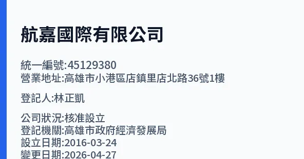 航嘉國際有限公司的照片-統編 45129380(高雄市) 公司登記資料與營業項目詳細圖表