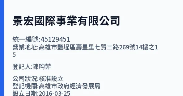 景宏國際事業有限公司的照片-統編 45129451(高雄市) 公司登記資料與營業項目詳細圖表