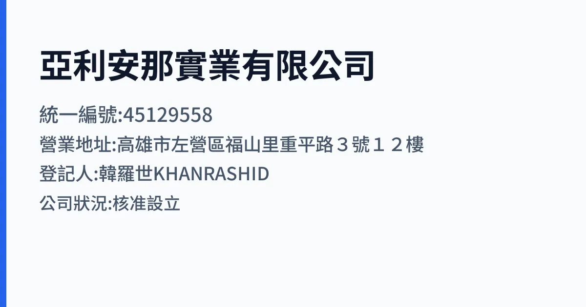 亞利安那實業有限公司 - 統編 45129558(高雄市) 公司登記資料與營業項目詳細圖表