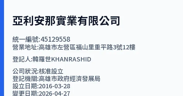 亞利安那實業有限公司的照片-統編 45129558(高雄市) 公司登記資料與營業項目詳細圖表