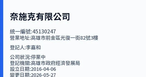 奈施克有限公司的照片-統編 45130247(高雄市) 公司登記資料與營業項目詳細圖表