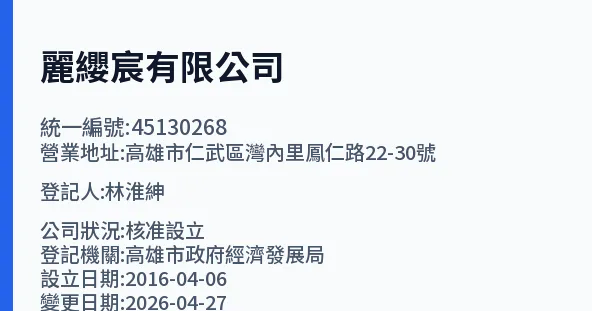 麗纓宸有限公司的照片-統編 45130268(高雄市) 公司登記資料與營業項目詳細圖表