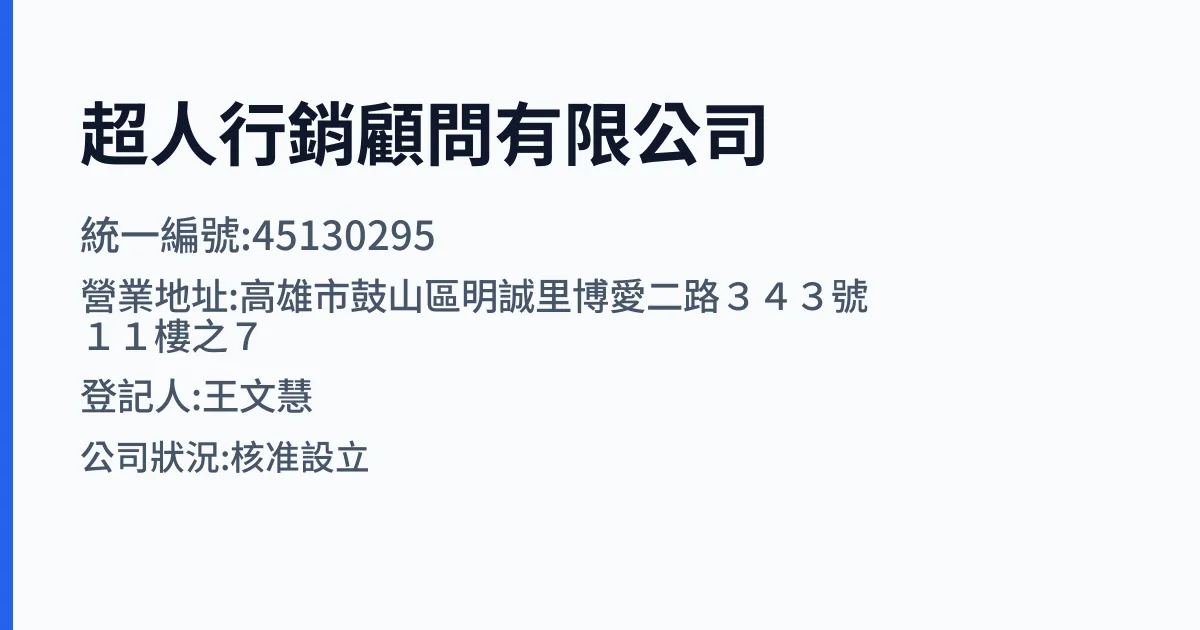 超人行銷顧問有限公司 - 統編 45130295(高雄市) 公司登記資料與營業項目詳細圖表