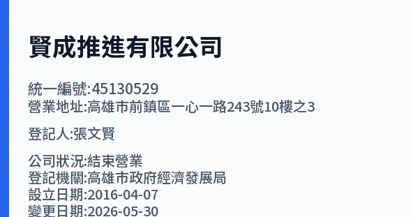 賢成推進有限公司的照片-統編 45130529(高雄市) 公司登記資料與營業項目詳細圖表