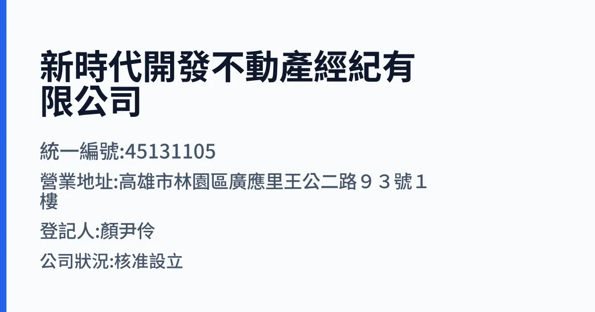 新時代開發不動產經紀有限公司 - 統編 45131105(高雄市) 公司登記資料與營業項目詳細圖表