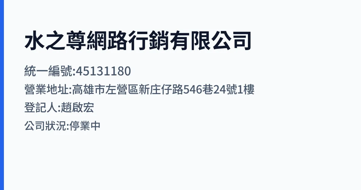水之尊網路行銷有限公司 - 統編 45131180(高雄市) 公司登記資料與營業項目詳細圖表