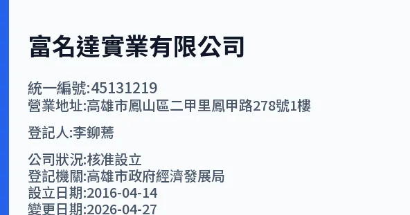 富名達實業有限公司的照片-統編 45131219(高雄市) 公司登記資料與營業項目詳細圖表